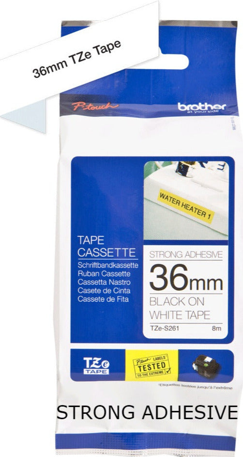 TZe-S261 Brother 36mm x 8m Black on White Strong Adhesive Laminated Ta